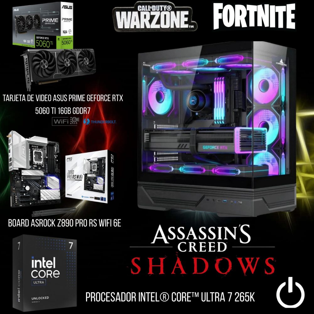 Torre Gamer/Render Intel® Core™ Ultra 7 265K, Tarjeta de Video RTX 5060 Ti 16GB GDDR7, Memoria ...